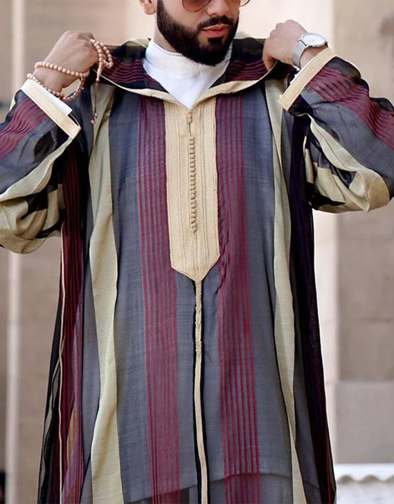 Patchwork Striped V-Neck Long Sleeve Jubba Thobe for Men with a Muslim – Arabic attire