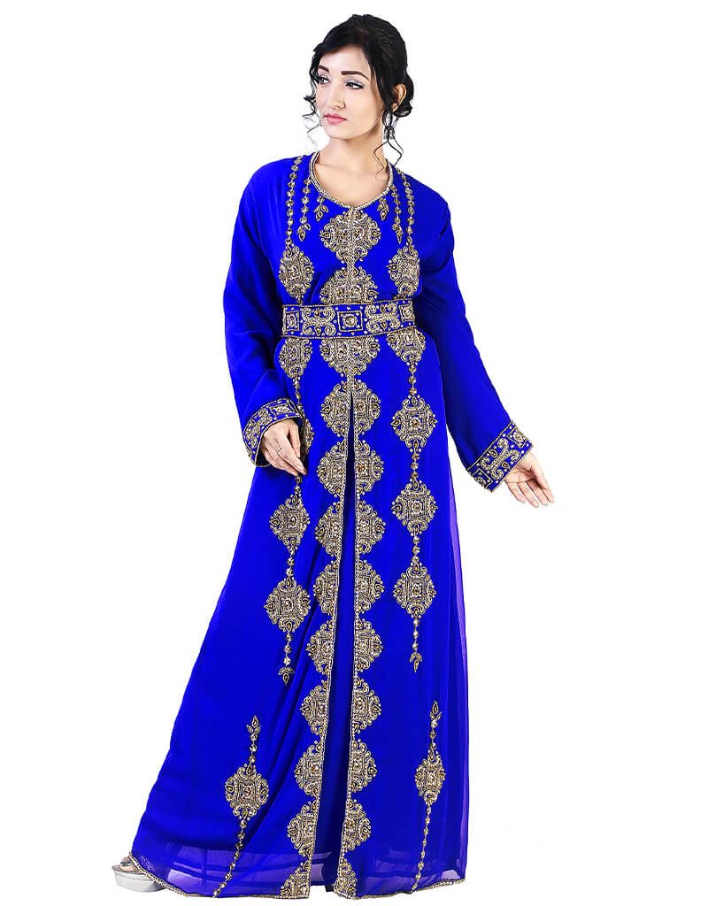 Modern Royal Blue Georgette Stone Embroidery Kaftan Moroccan, Golden, Georgette, Handmade, Royal ...
