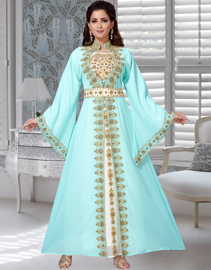 Muslim Sky Blue Stand Collar Style Moroccan Kaftan Moroccan, Golden ... Muslim Sky Blue Stand Collar Style Moroccan Kaftan Moroccan, Golden ...