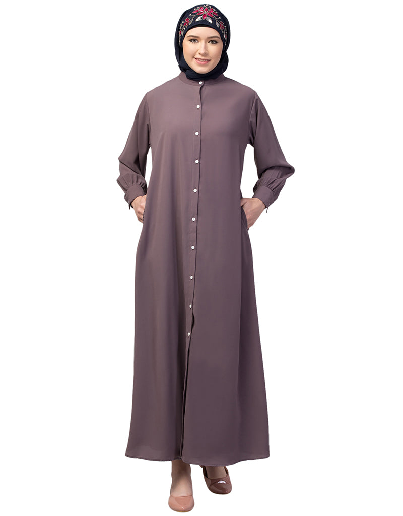 Arabic Abaya with a simple front-open design and cuffs for a stylish In Color Plum Front Open ...