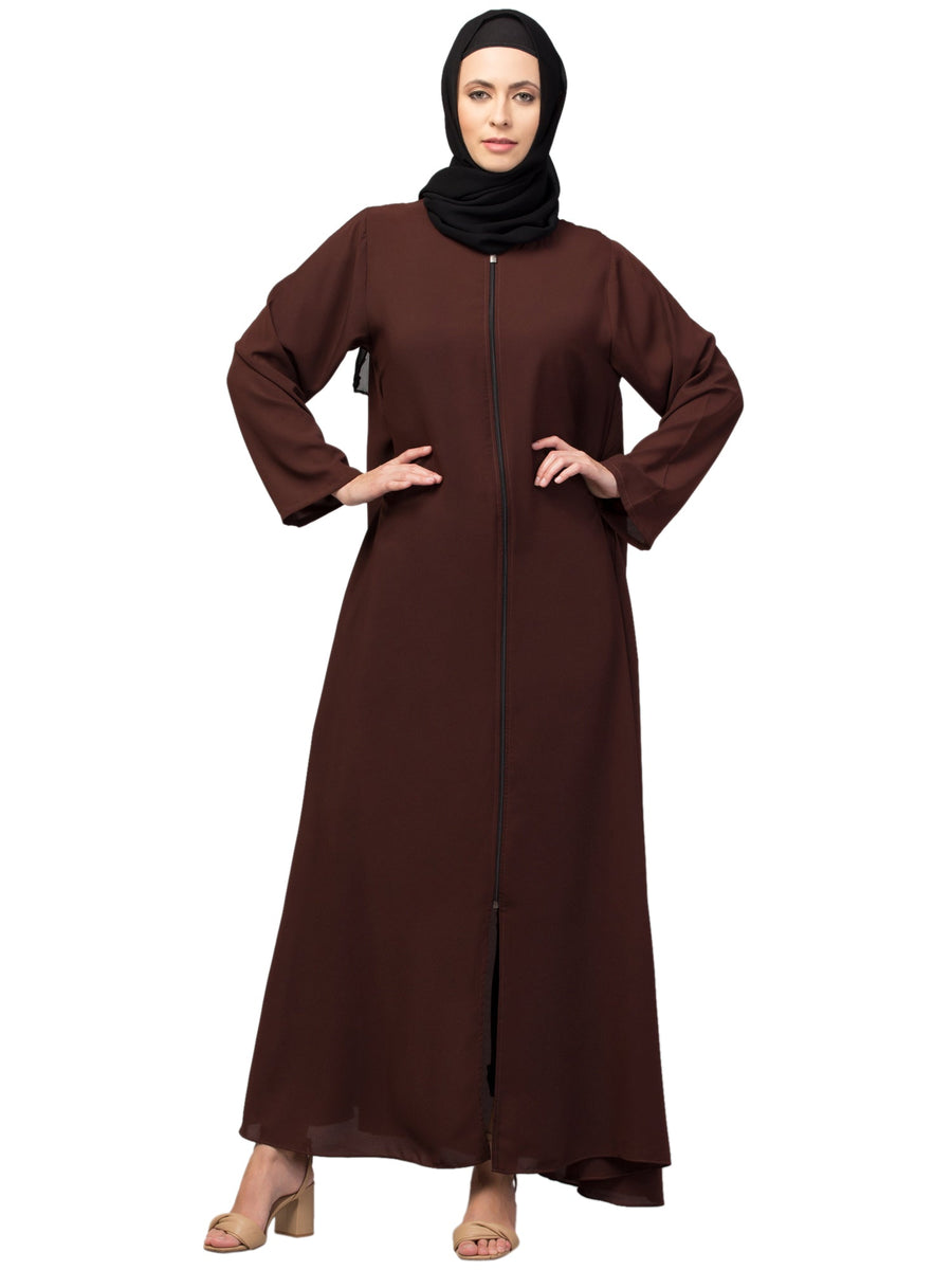 Women Basic Abaya with Long Sleeves and Front Zipper In the Shade of Brown Front Open, Plain ...