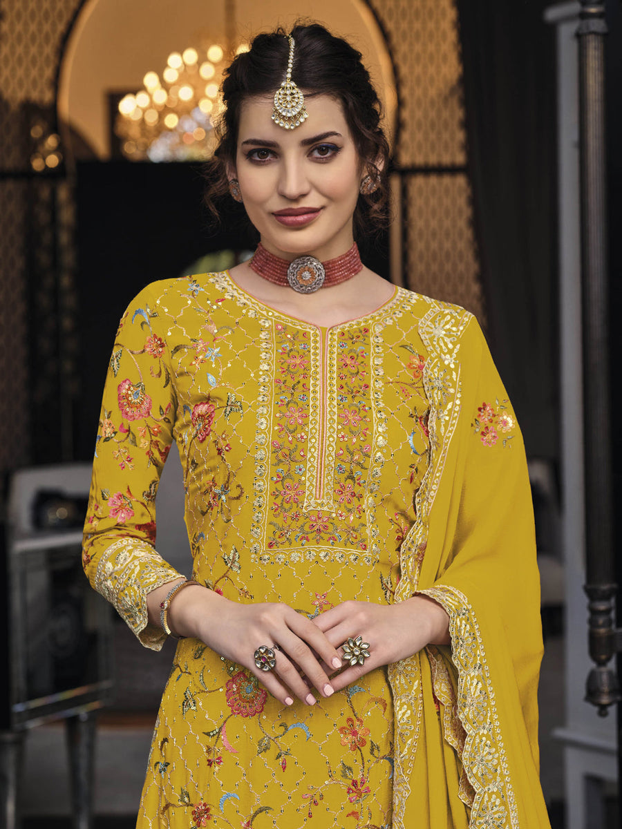 Yellow Heavy Premium Silk Palazzo Suit 192286 Yellow Embroidery With ...