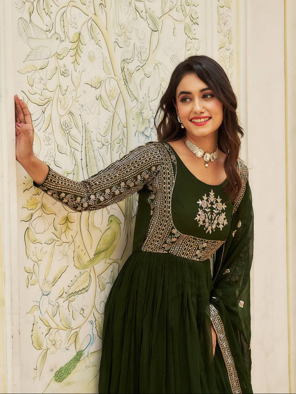 Mehendi Fox Georgette Anarkali Dress 192715 Green Embroidered work ...