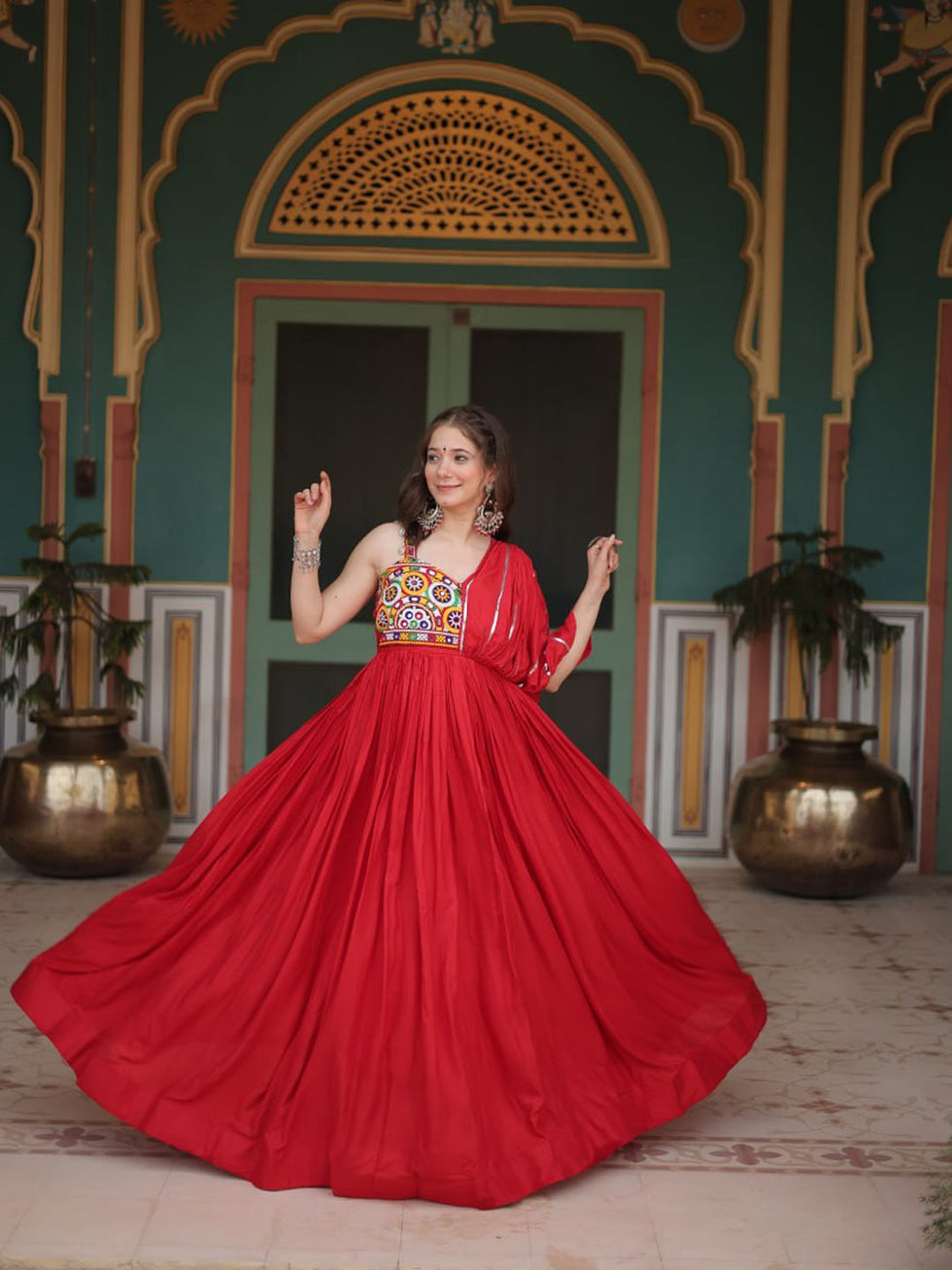 Red Navratri Special Heavy Readymade Reyon Gown Collection Red Heavy ...