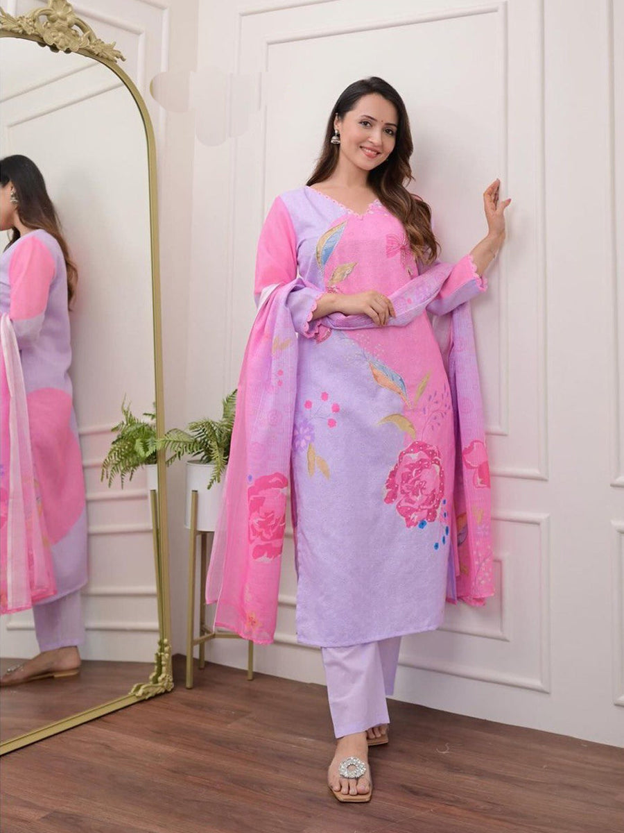 Multi Pure Shifli Linen Cotton Pant Suit 195077 Multi Embroidery Work ...