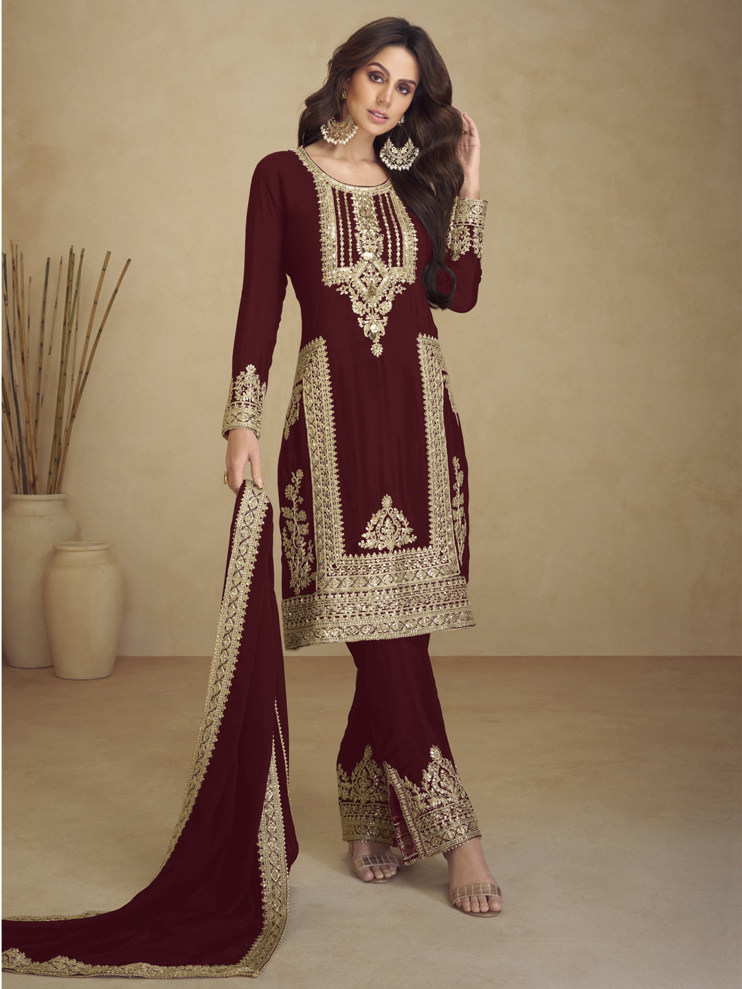 Maroon Heavy Fox Georgette Pant Suit 195523 Maroon Embroidery Work ...