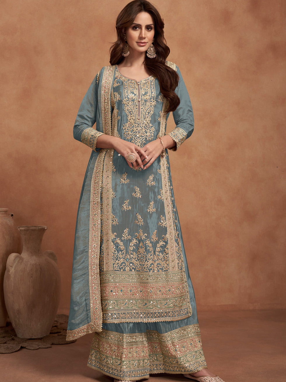 Grey Heavy Pv Vichitra Palazzo Suit 195945 Grey Embroidery Work RT10752 ...