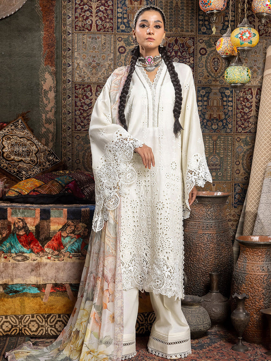 Off White Heavy Cotton Pant Suit 199336 White Embroidery Work – Arabic ...