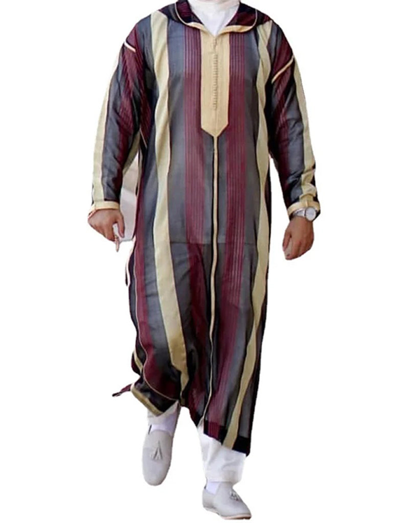 Patchwork Striped V-Neck Long Sleeve Jubba Thobe for Men with a Muslim ...