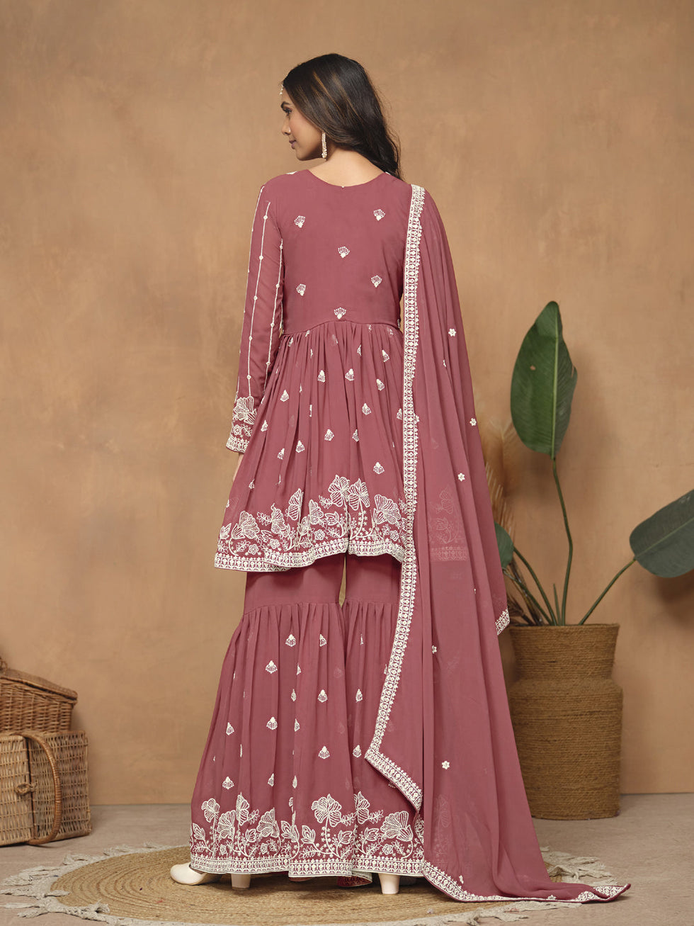 Rust Faux Georgette Sharara Suit Acy8832 Red Heavy Designer Embroidery ...