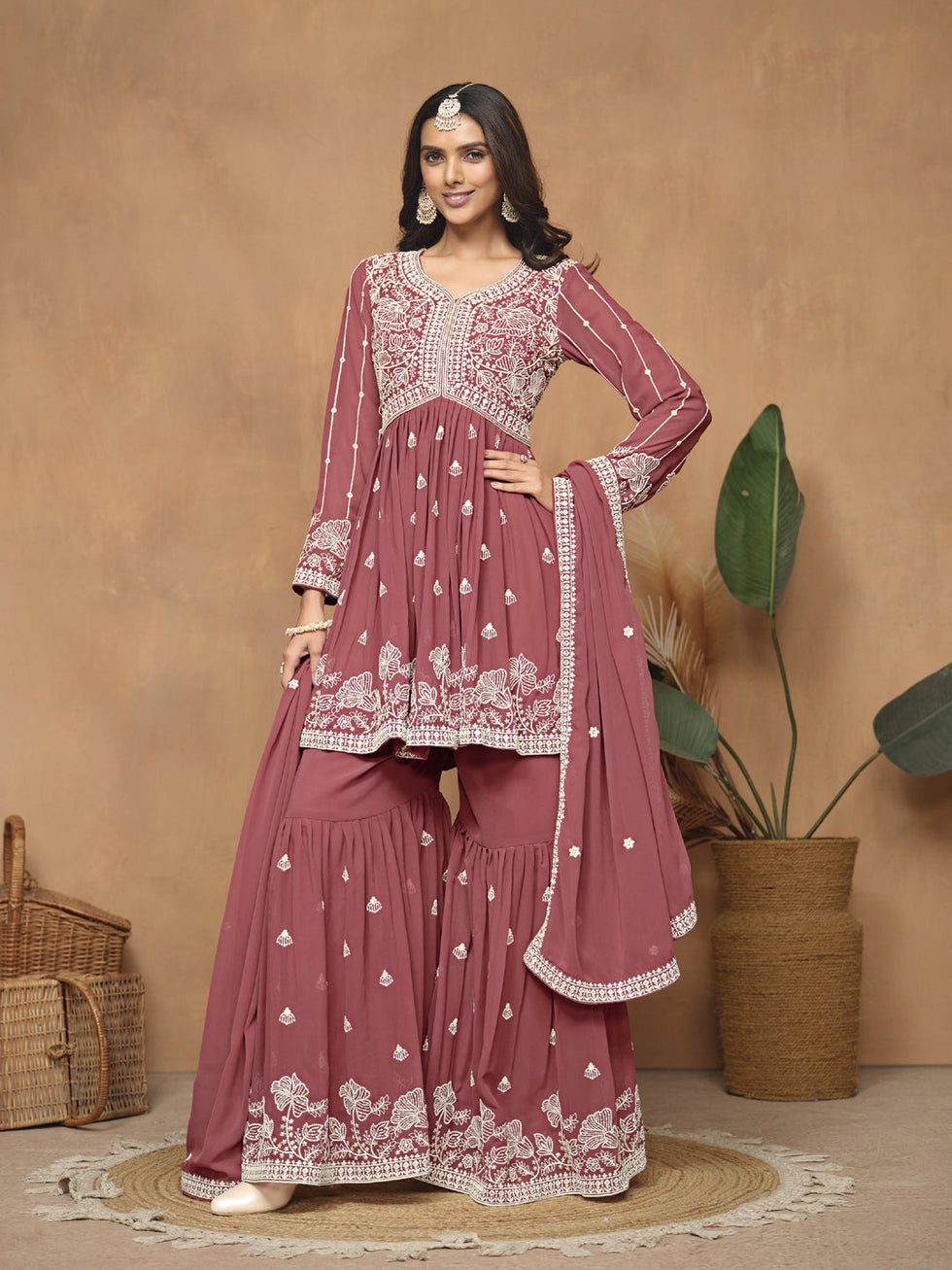 Rust Faux Georgette Sharara Suit Acy8832 Red Heavy Designer Embroidery ...