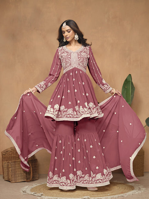 Rust Faux Georgette Sharara Suit Acy8832 Red Heavy Designer Embroidery ...