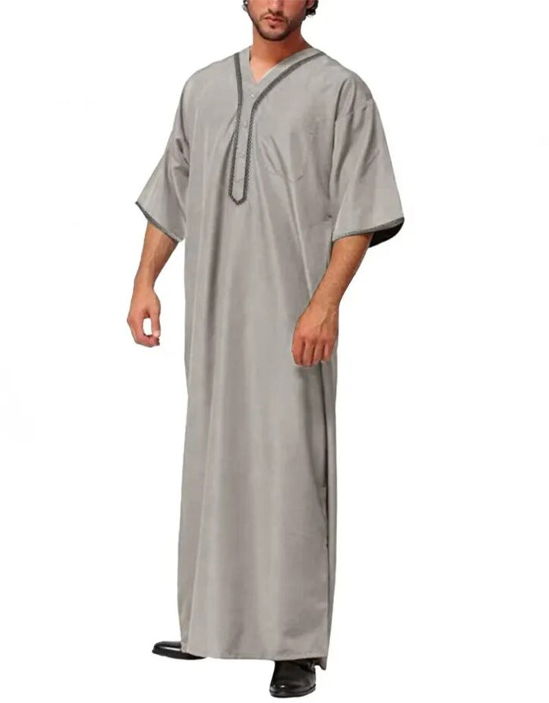 Men's Solid Button Thobe with Middle Shirt and Stand Collar – Arabic attire