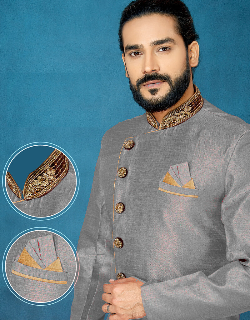 Gray Kurta Dhupion Art Silk Dhoti Grey Embroidered – Arabic attire