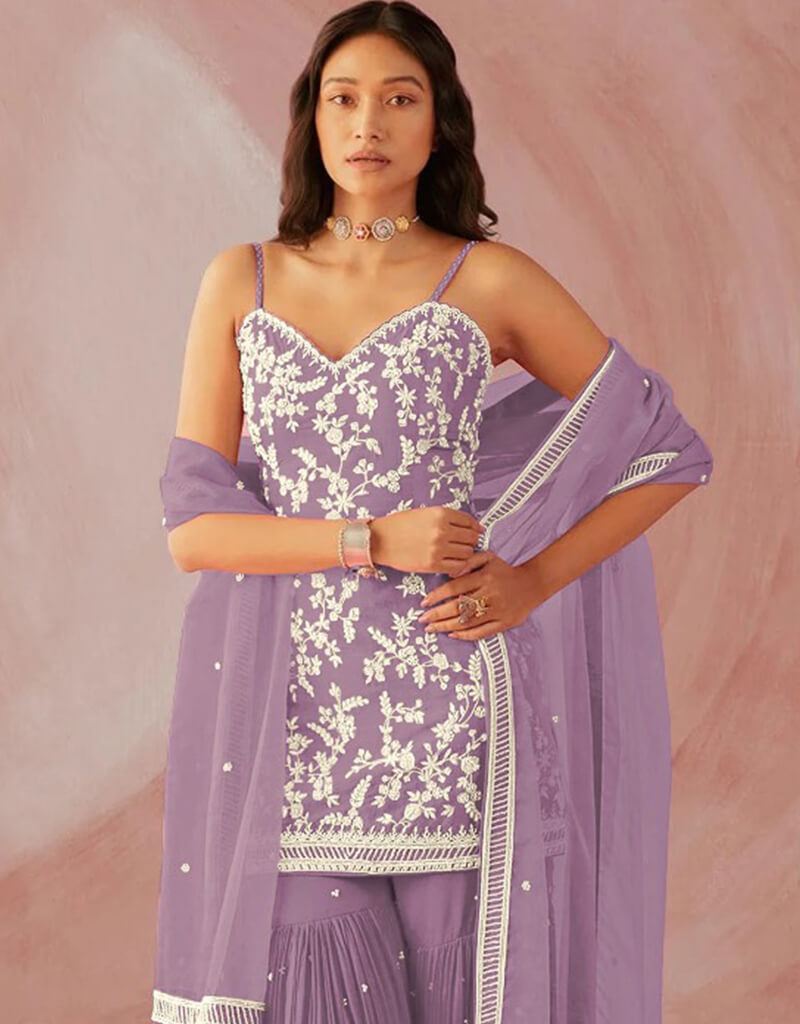 Light Lavender Sharara style Suit Faux Georgette Salwar Kameez in ...