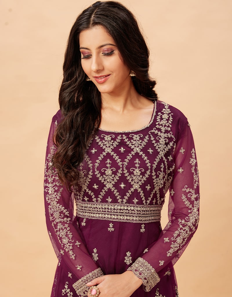 Purple Anarkali style Anarkali Semi-Stitched Suits Salwar Kameez in ...