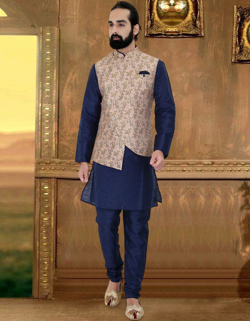 Navy Blue Kurta Silk Chudiddar Blue Embroidered – Arabic attire