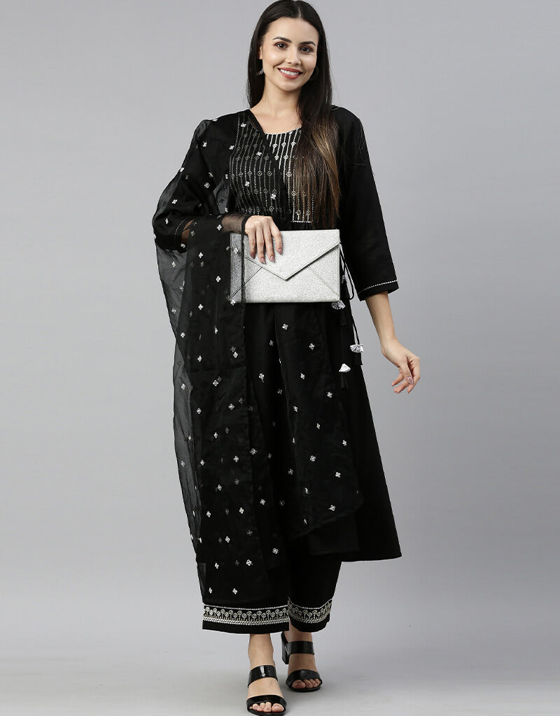 Black Ruby Cotton Palazzo Suit Black Zari Embroidery with Sequence Work ...