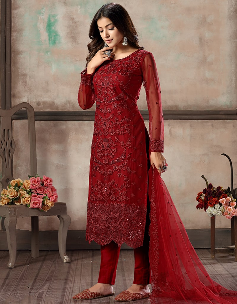 Red Net Pant Suit Green Embroidery Work – Arabic attire