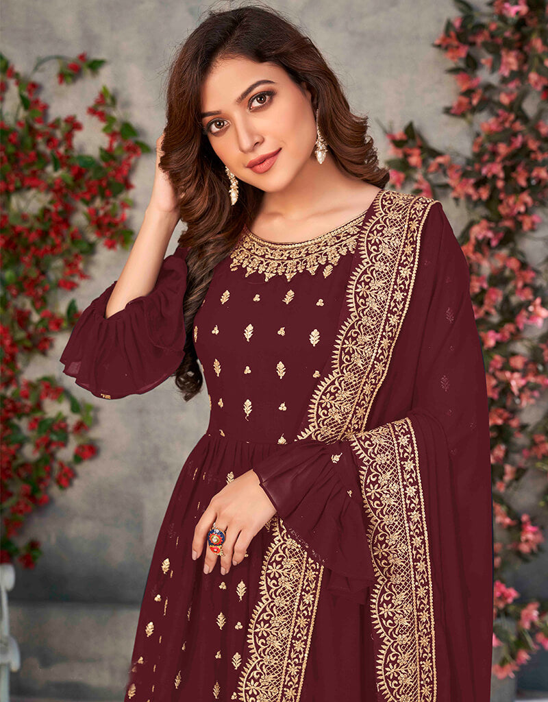 Maroon Fox Georgette Sharara Suit Maroon Embroidery Work – Arabic attire