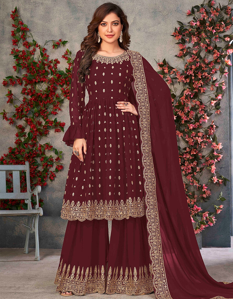 Maroon Fox Georgette Sharara Suit Maroon Embroidery Work – Arabic attire
