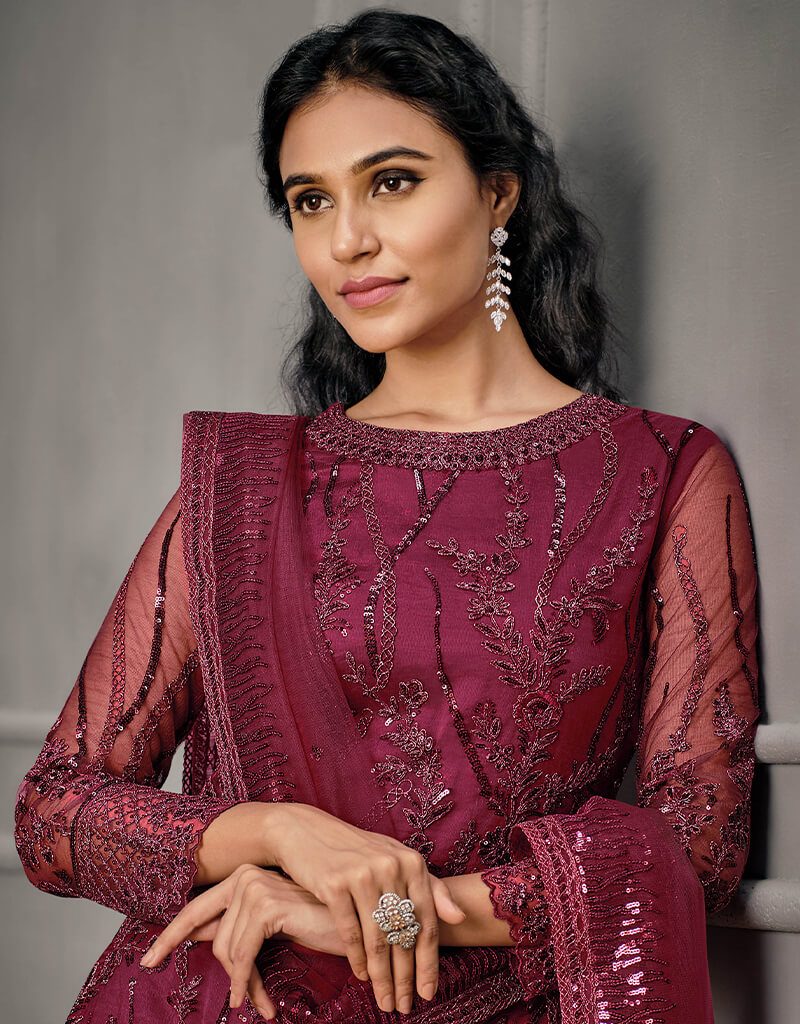 Magenta Soft Net Pant Salwar Suit Pink Embroidery Work – Arabic attire