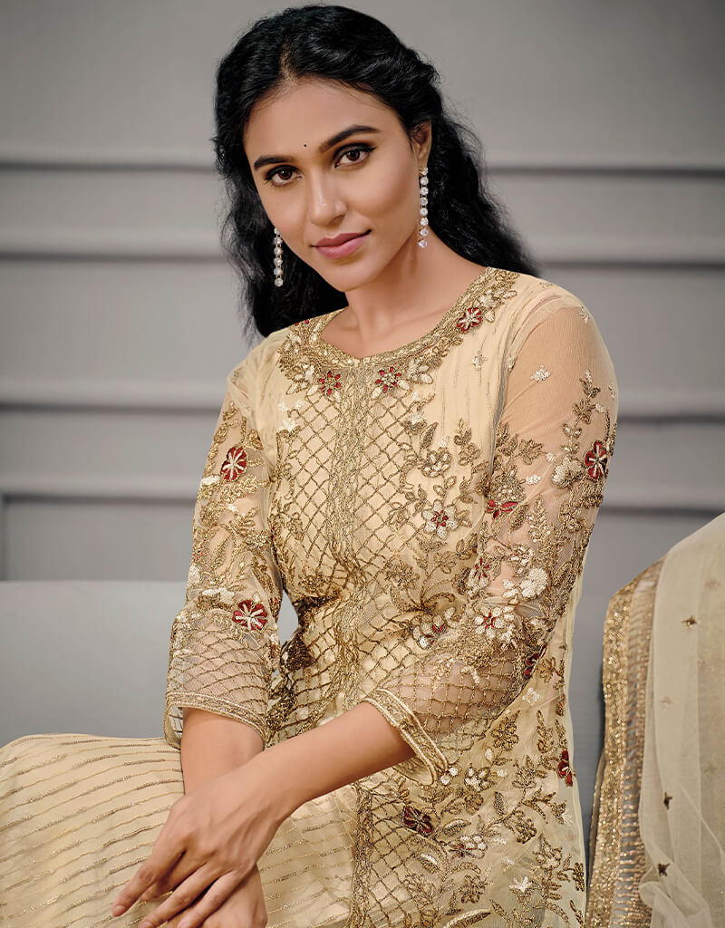 Beige Soft Net Pant Salwar Suit Beige Embroidery Work – Arabic attire