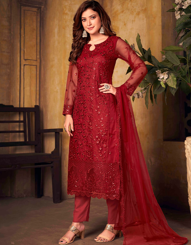 Red Net Pant Suit Red Heavy Tone To Tone Thread & Sequence Work RT4563 ...