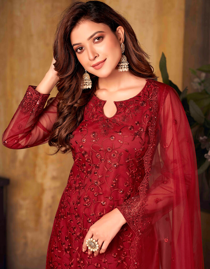 Red Net Pant Suit Red Heavy Tone To Tone Thread & Sequence Work RT4563 ...