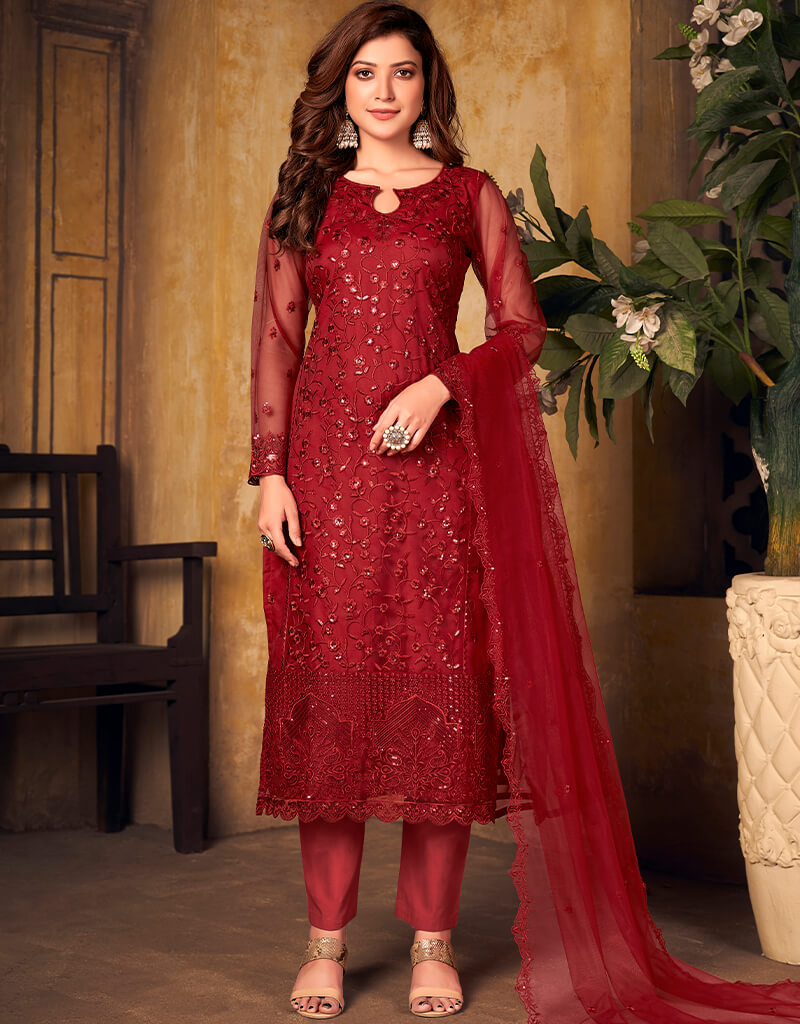 Red Net Pant Suit Red Heavy Tone To Tone Thread & Sequence Work RT4563 ...