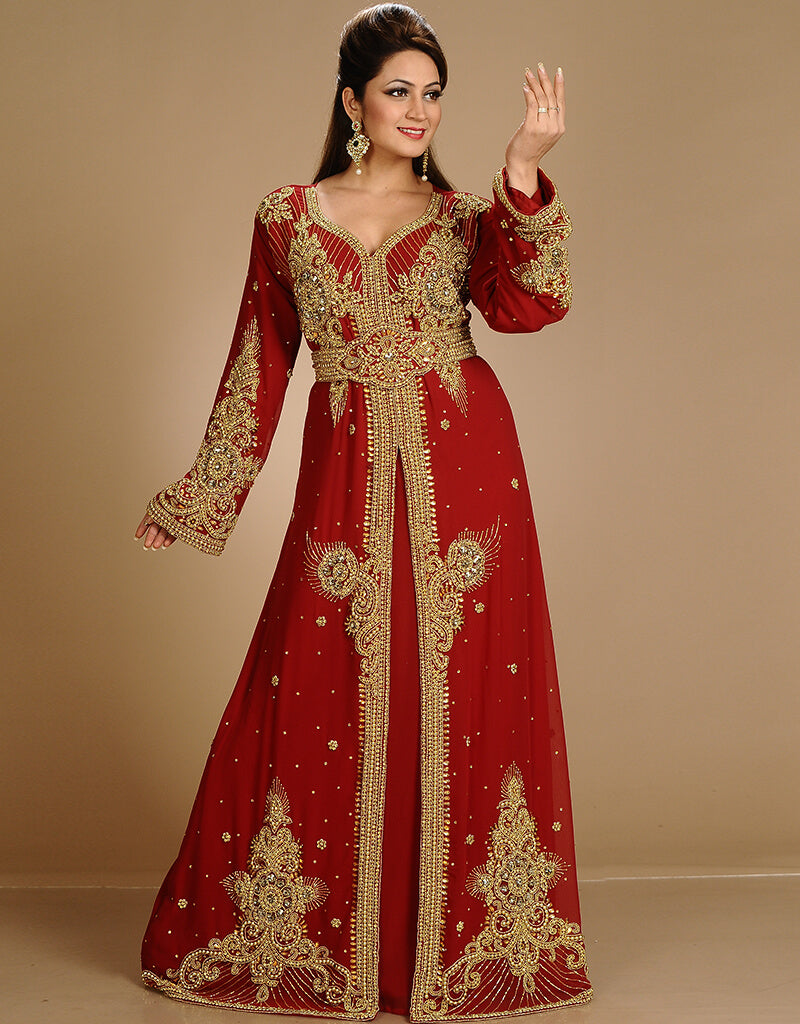 Muslim Maroon Georgette Hand Embroidery Party Wear Kaftan Moroccon ...