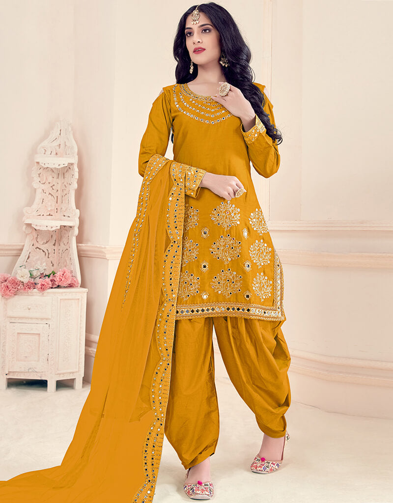Mustard Bitalian Soft Silk Patiyala Suit Yellow Embroidery Work & Real ...