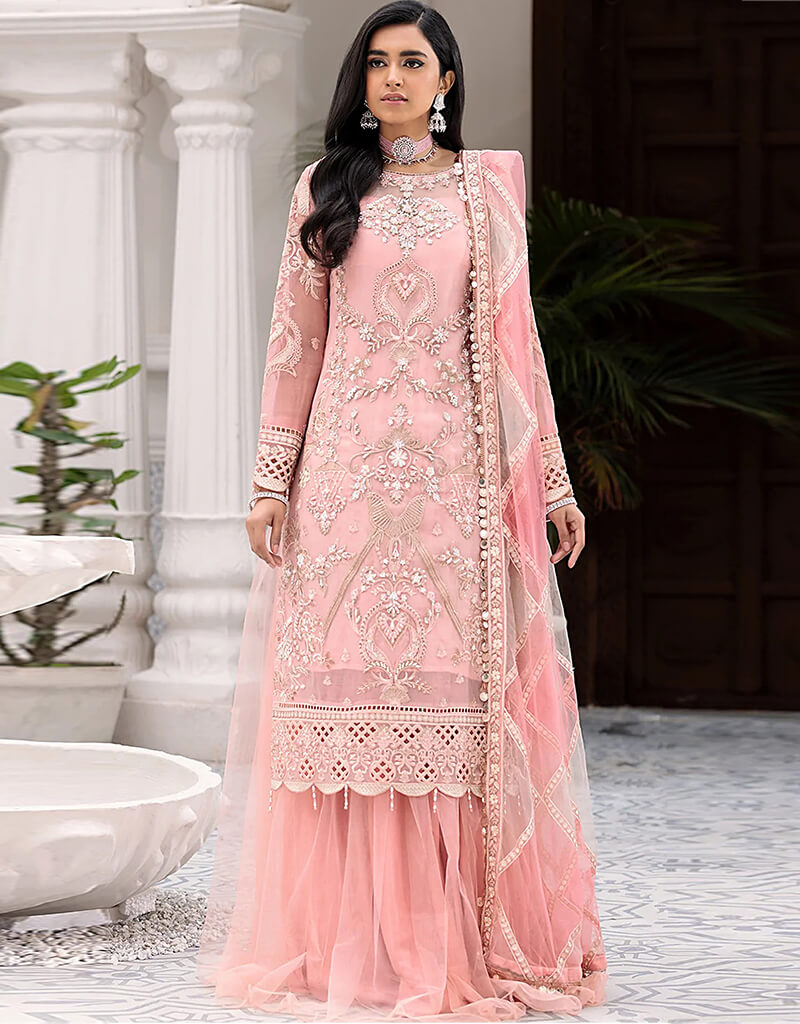 Light Pink Net Lehenga Suit Pink Sequence Embroidery Work With Diamond Work