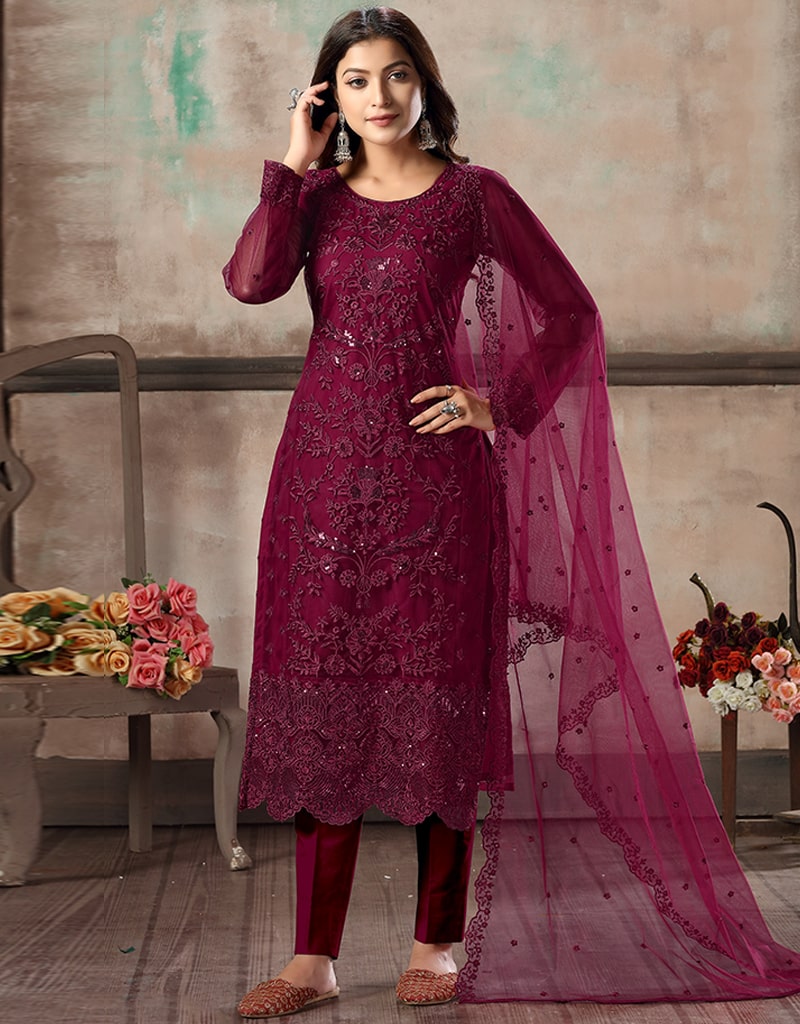 Magenta Net Pant Suit Gray Embroidery Work – Arabic attire