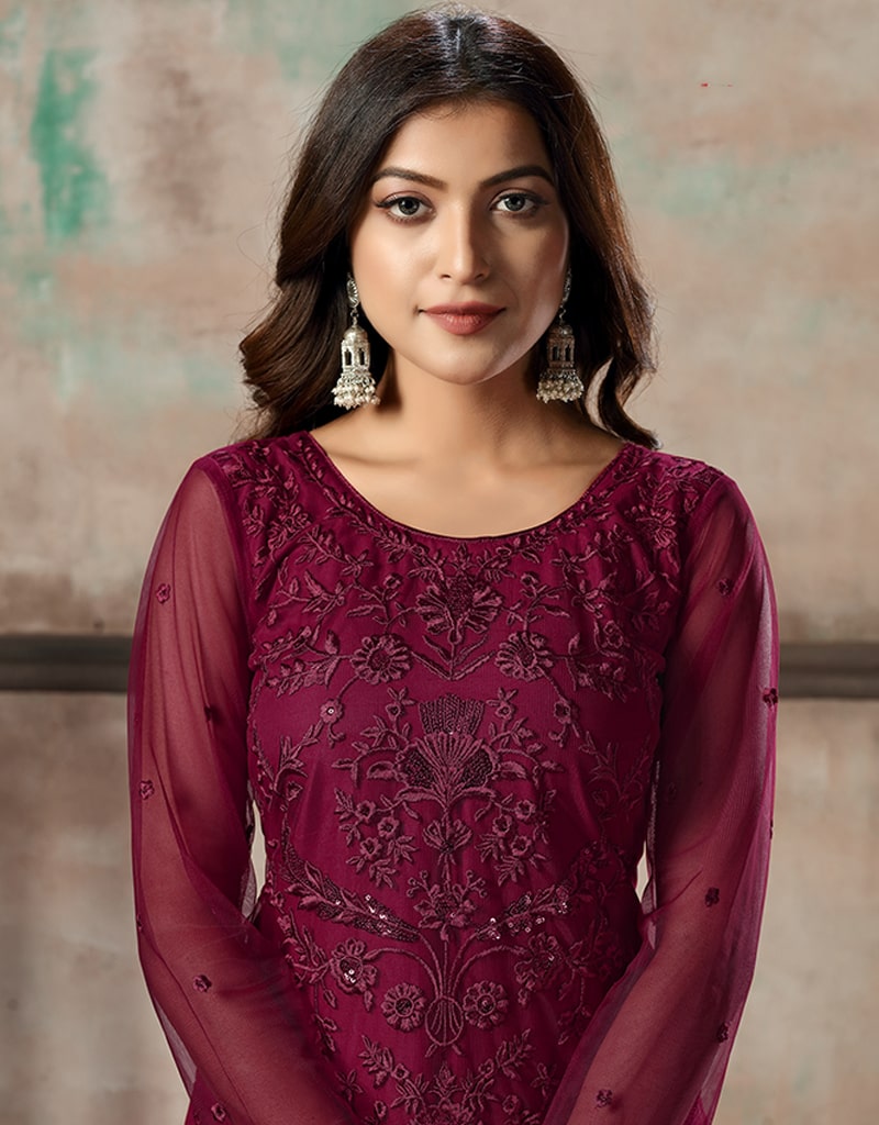 Magenta Net Pant Suit Gray Embroidery Work – Arabic attire