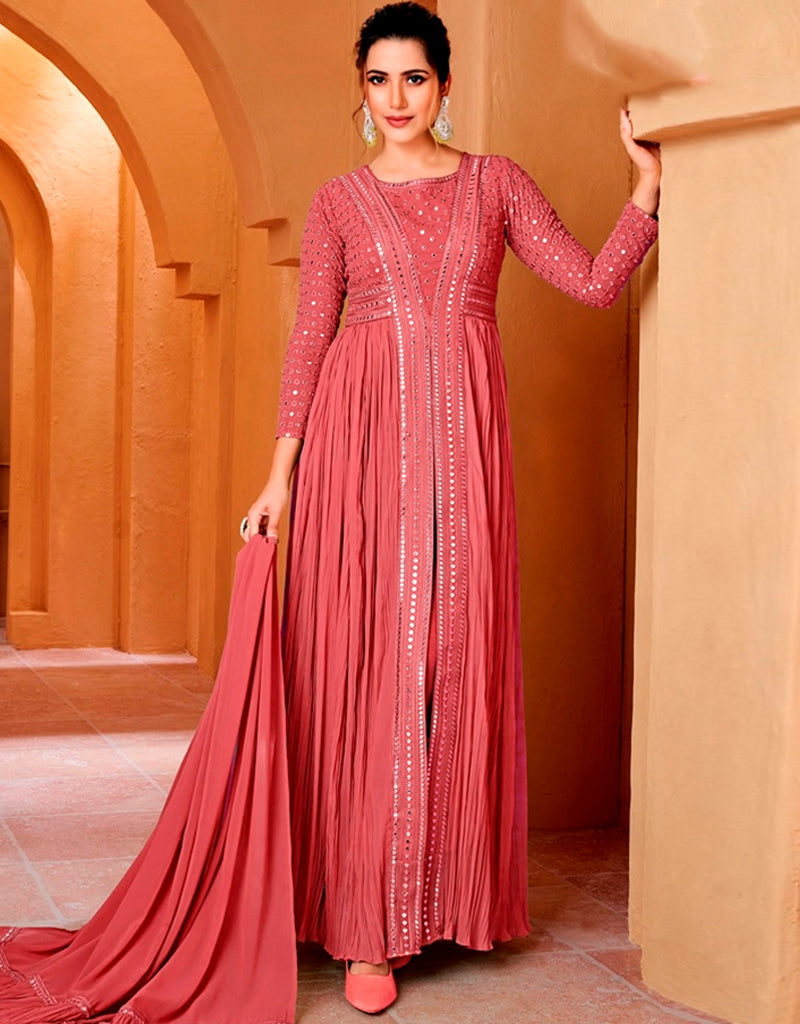 Brink Pink Pant style Anarkali Crushed Real Georgette Salwar Kameez in ...