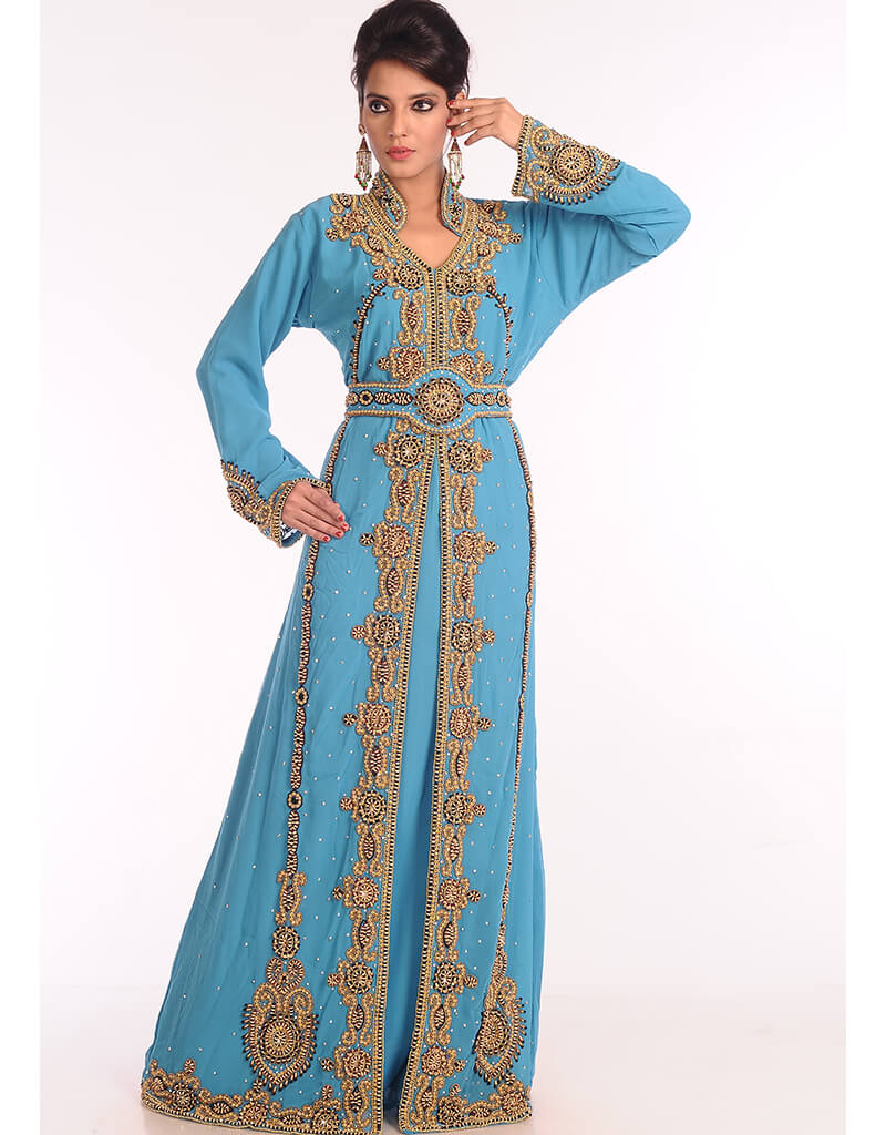 Women Blue Georgette Hand Embroidery Party Wear Kaftan Moroccon, Copper ...