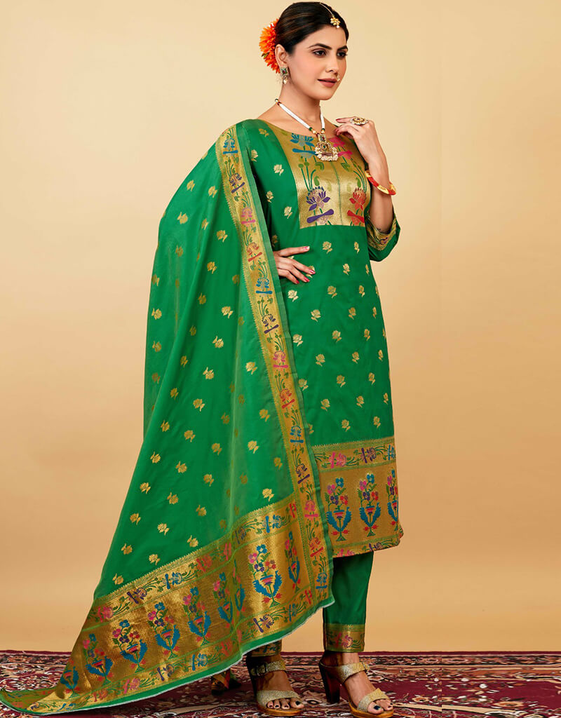 Green Paithani Silk Pant Suit Green Latest Printed Work – Arabic attire