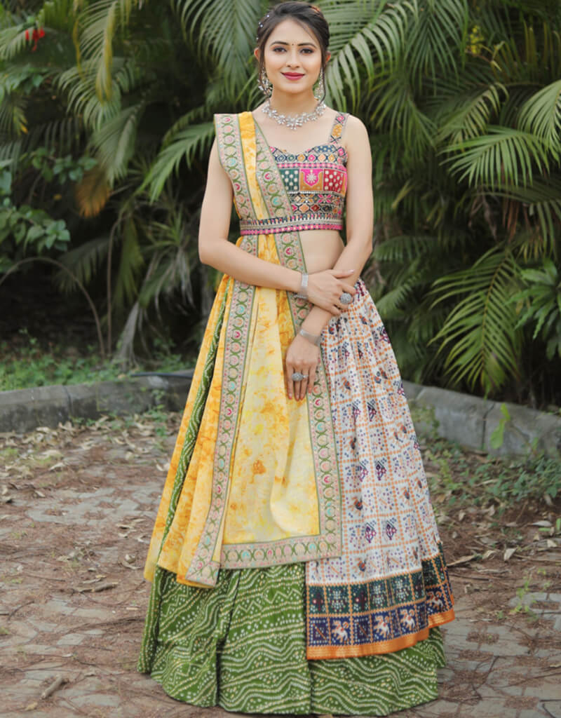 Multi Color Slub Cotton Lehenga Choli Green Heavy Digital Print with ...