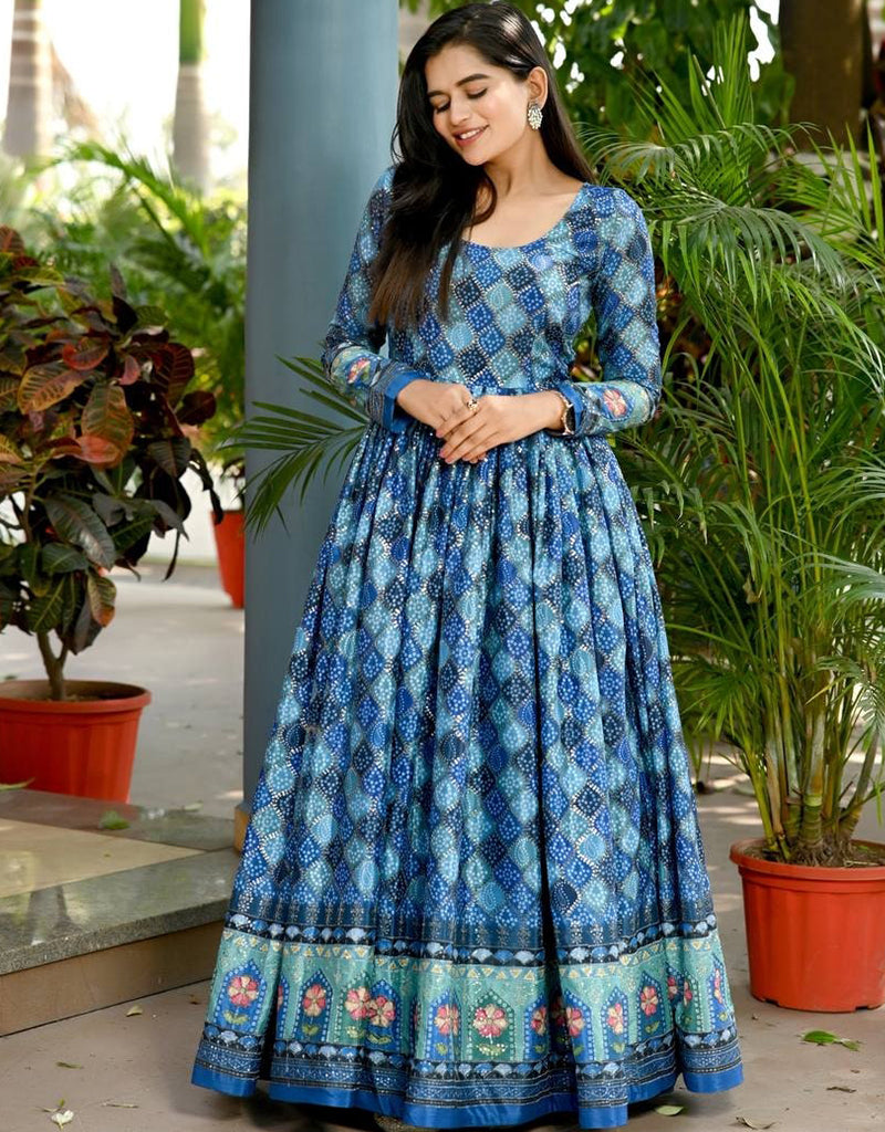 Blue Designer Function Wear Heavy Readymade Gown Blue Digital Printed ...