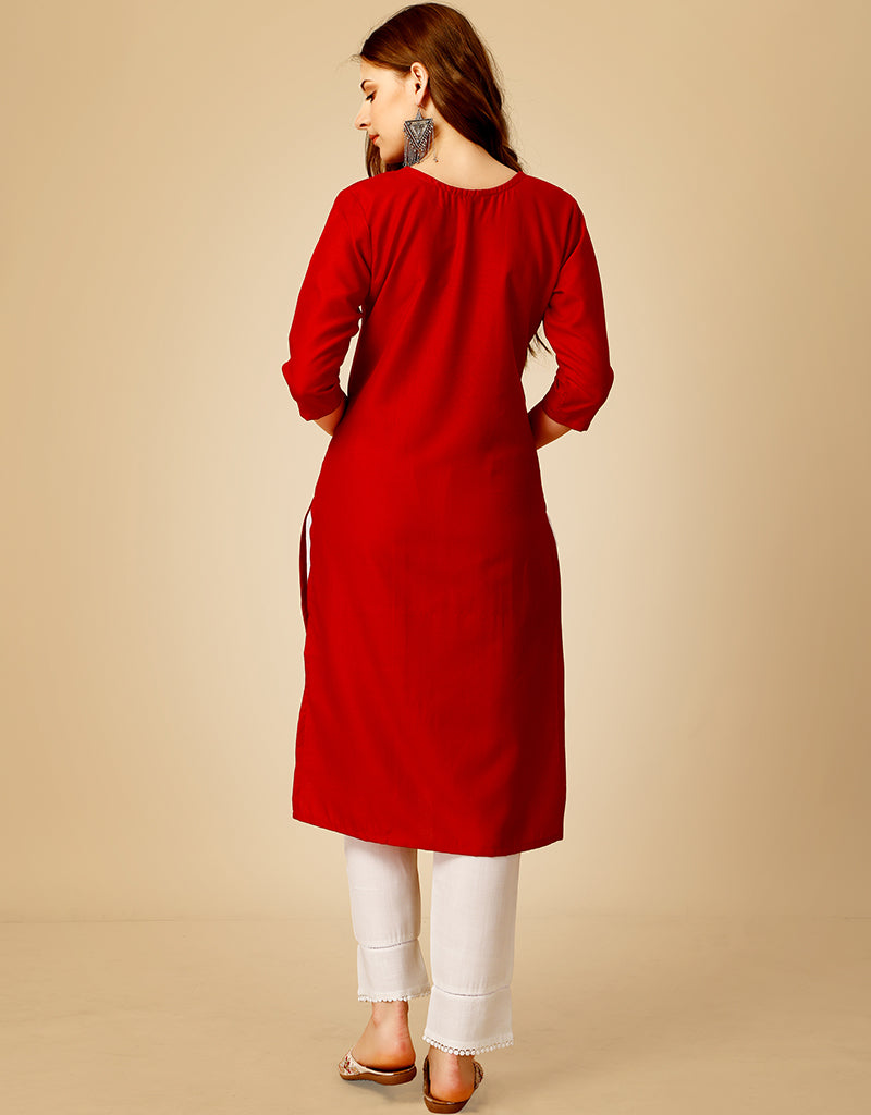 Red Cotton Magic Slub Pant Straight Red Embroidery & Sequence Work ...