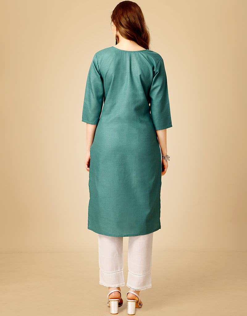 Teal Cotton Magic Slub Pant Straight Teal Embroidery & Sequence Work ...