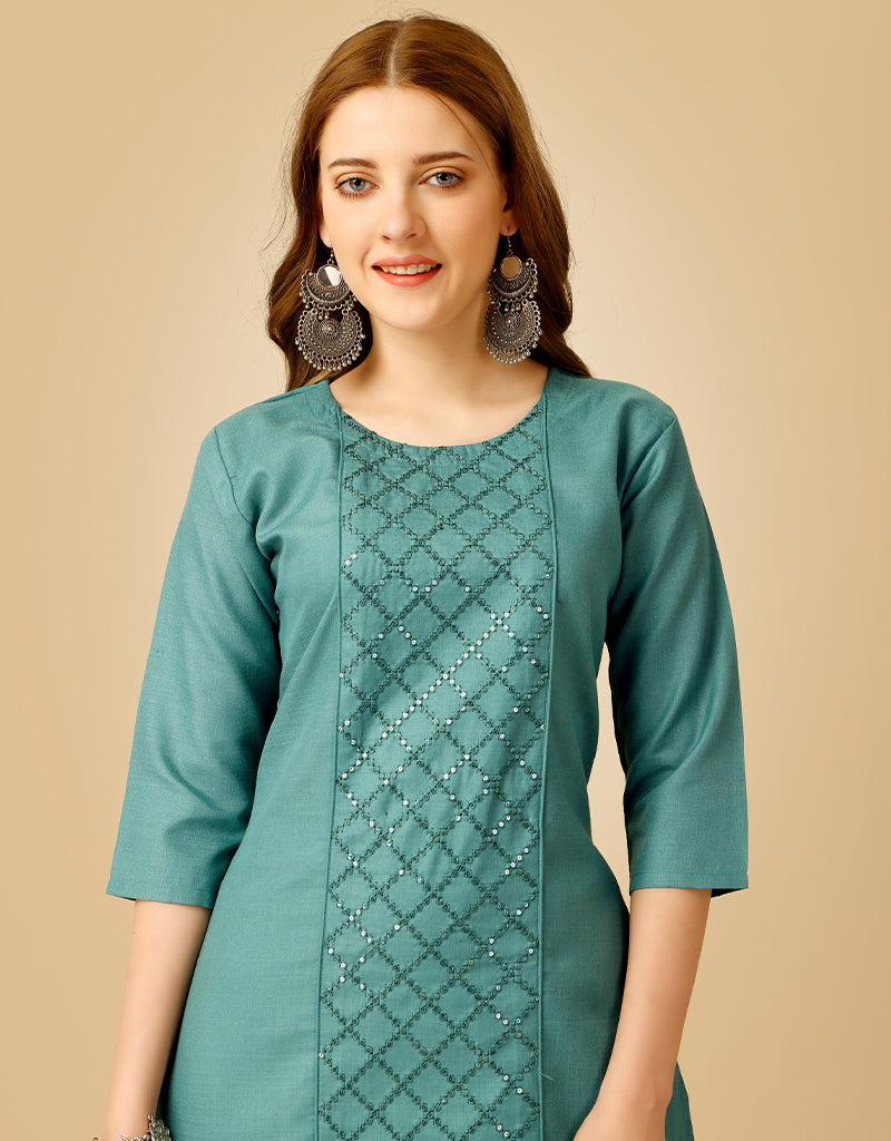 Teal Cotton Magic Slub Pant Straight Teal Embroidery & Sequence Work ...