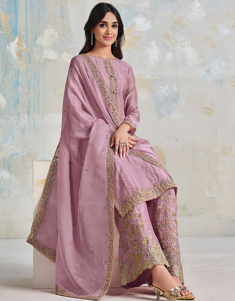 Onion Pink Soft Organza Satin Pant Straight Pink Embroidery Work RT7223 ...