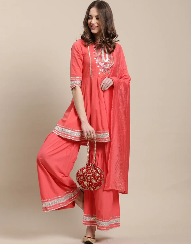 Peach Cotton Sharara Suit Peach Embroidered And Digital Printed Work ...