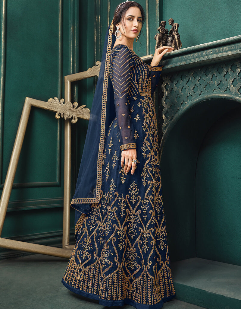 Navy Blue Soft Net Suit Anarkali Navy Blue Embroidery Stitched Work ...