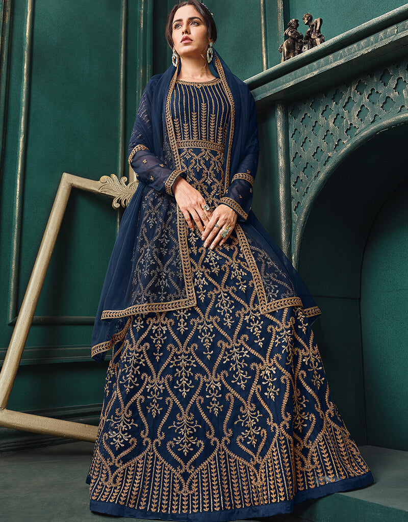 Navy Blue Soft Net Suit Anarkali Navy Blue Embroidery Stitched Work ...