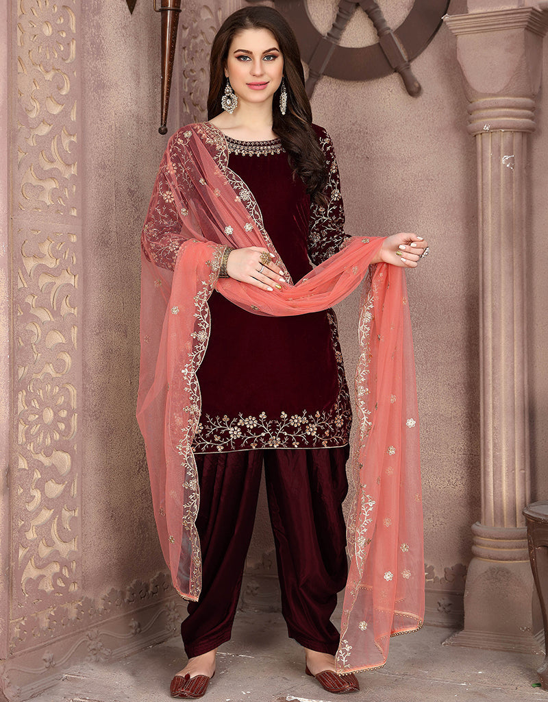 Traditional Function Wear Suit Collection Maroon Velvet Patiyala ...