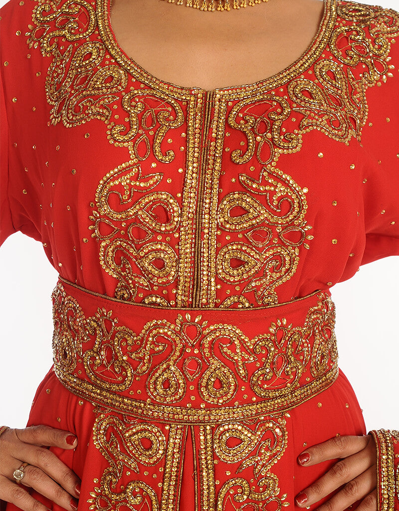Modern Red Georgette Hand Embroidery Party Wear Kaftan Takchita, Golden ...