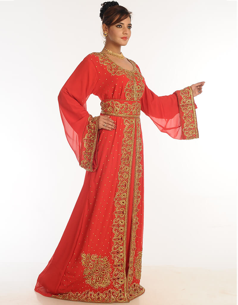 Modern Red Georgette Hand Embroidery Party Wear Kaftan Takchita, Golden ...